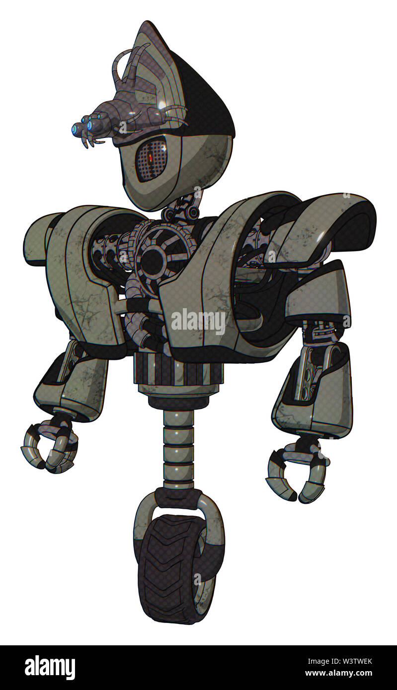 Droid containing elements: grey alien style head, metal grate eyes ...