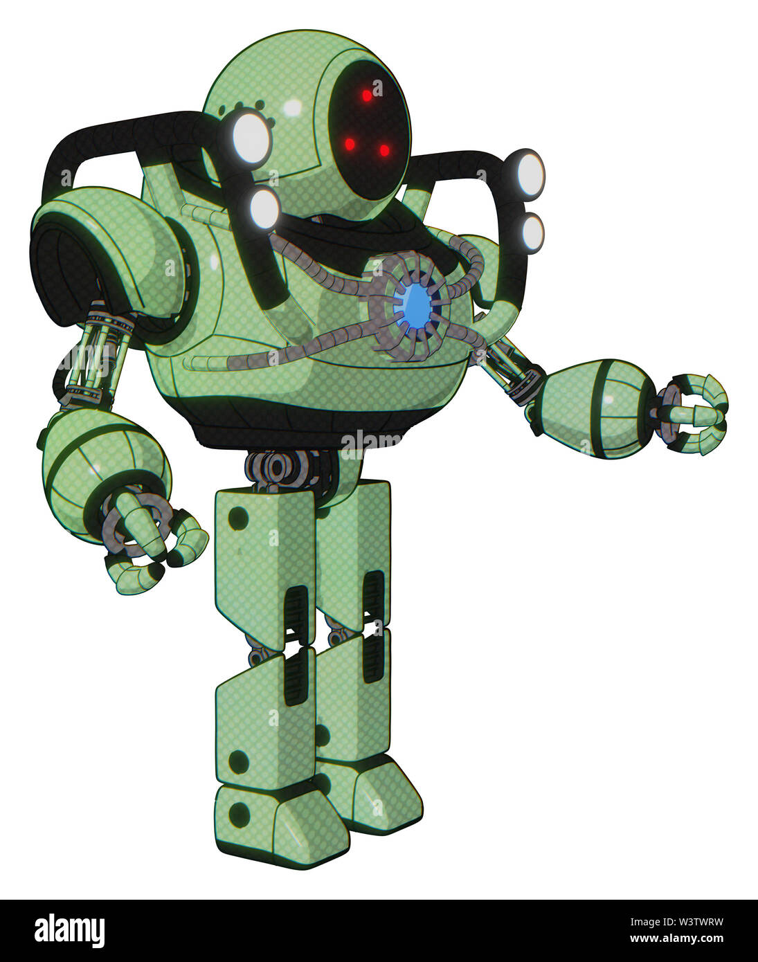 Mech containing elements: three led eyes round head, heavy upper chest ...