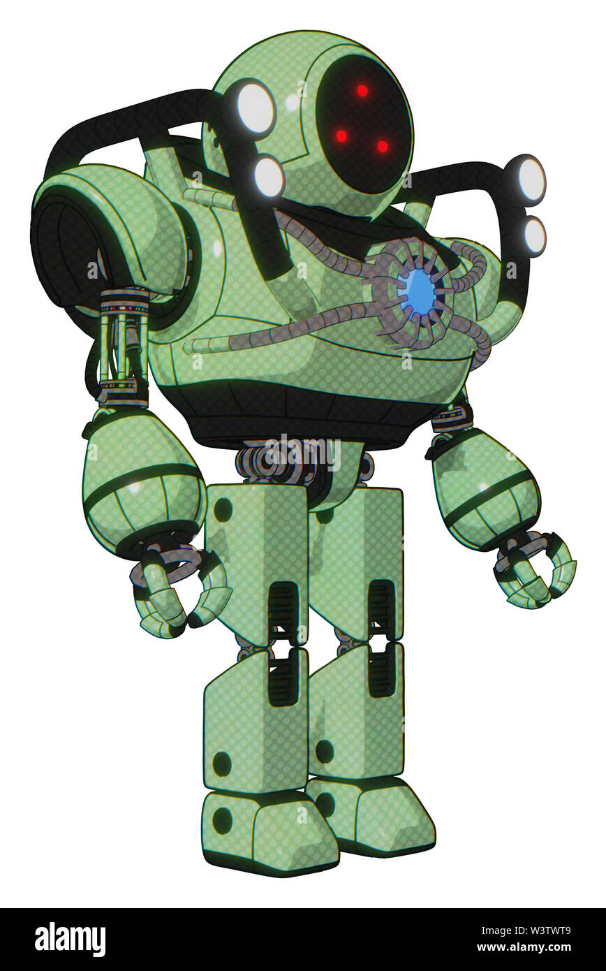 Mech containing elements: three led eyes round head, heavy upper chest ...