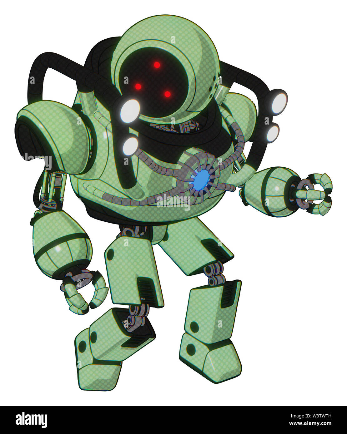 Mech containing elements: three led eyes round head, heavy upper chest ...