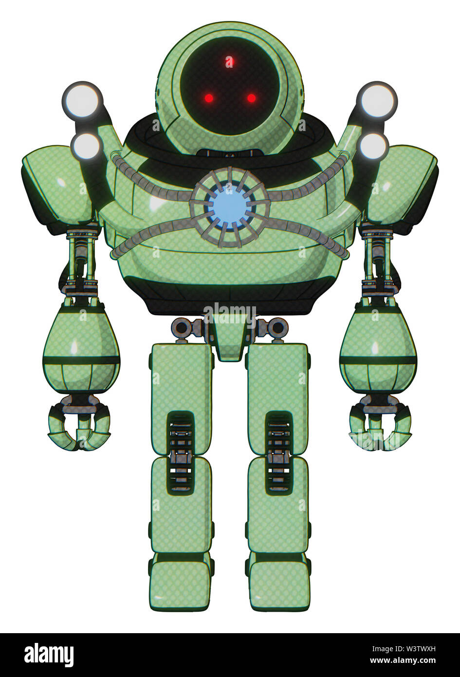 Mech containing elements: three led eyes round head, heavy upper chest ...