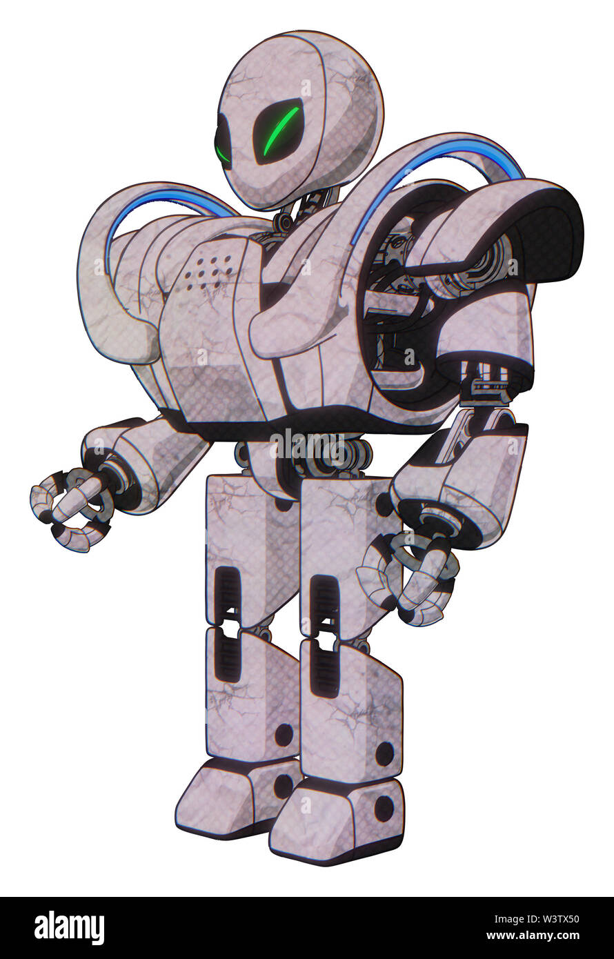 Robot containing elements: grey alien style head, green demon eyes ...