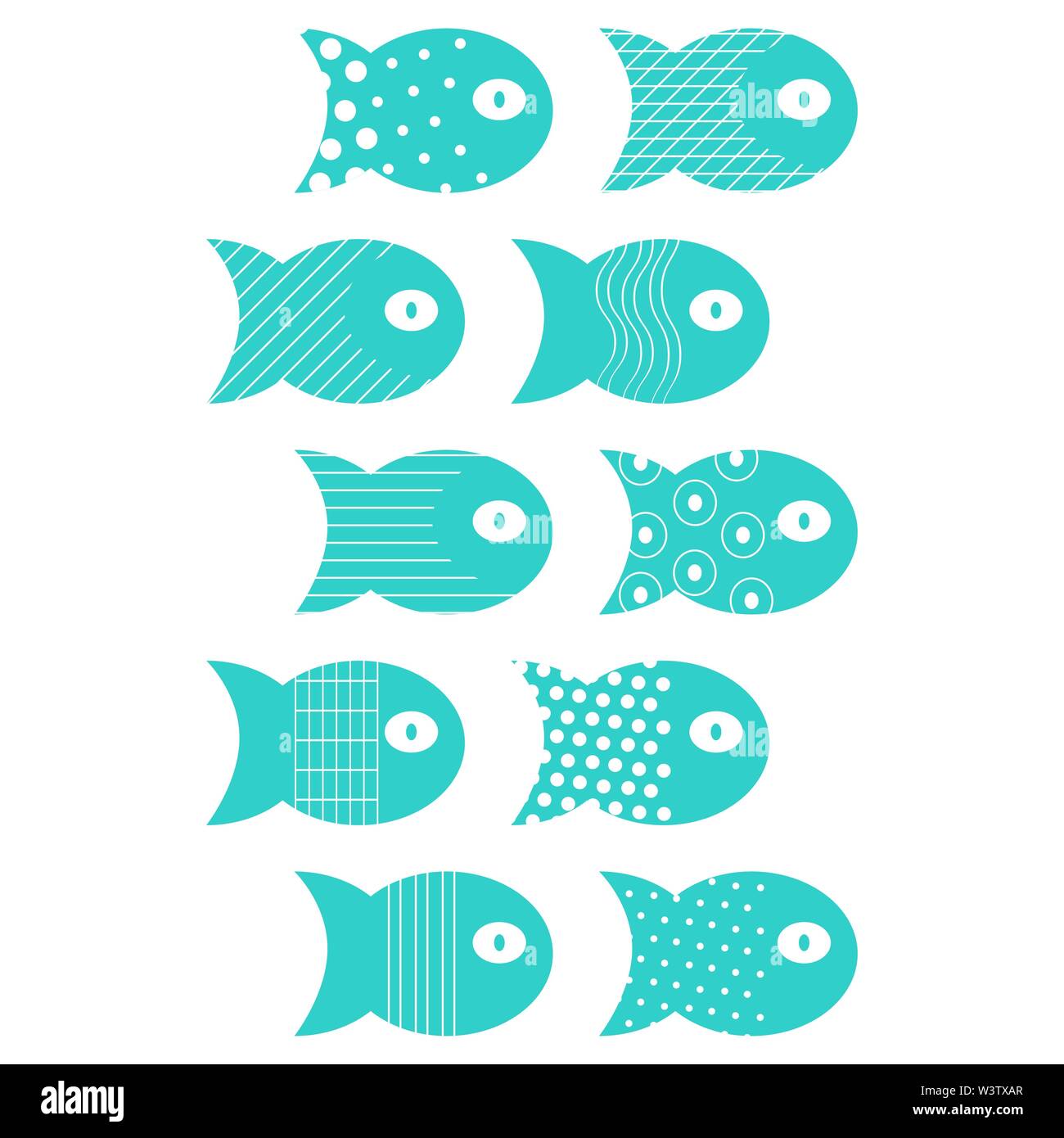 Simple flat fish set of elements for fabric textile design, pillows ...
