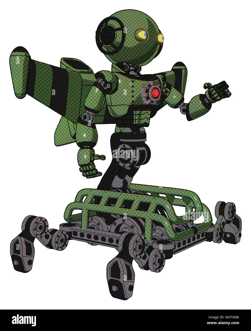 Robot containing elements: oval wide head, yellow eyes, light chest ...