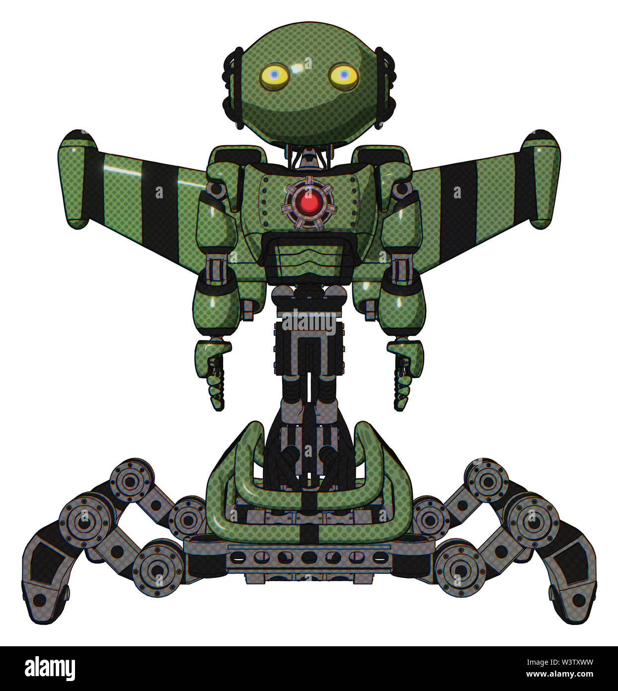 Robot containing elements: oval wide head, yellow eyes, light chest ...