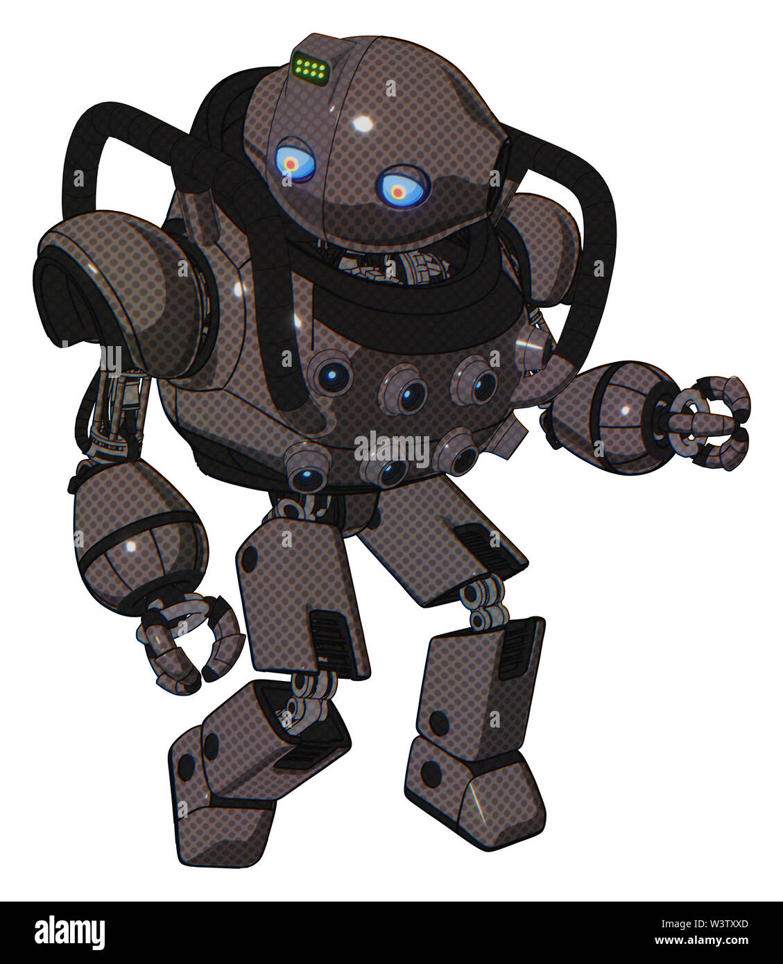 Robot containing elements: oval wide head, blue eyes, green led ...