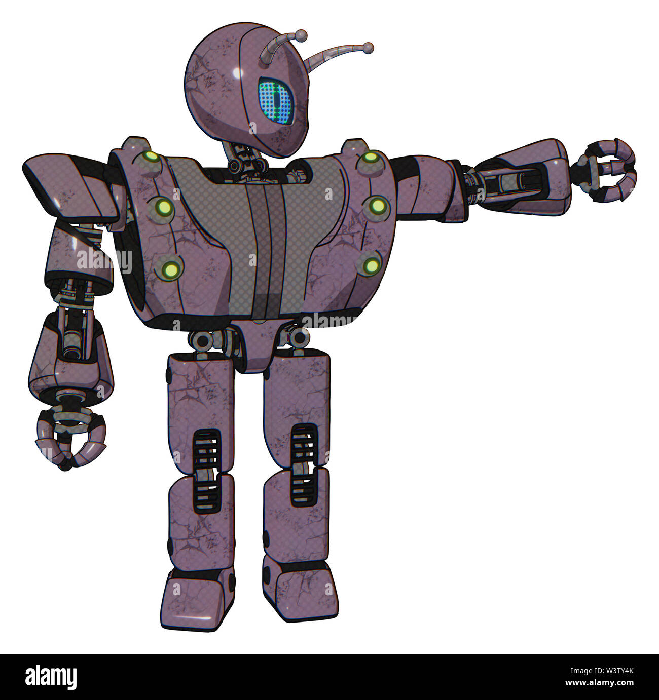 Bot containing elements: grey alien style head, blue grate eyes, bug ...