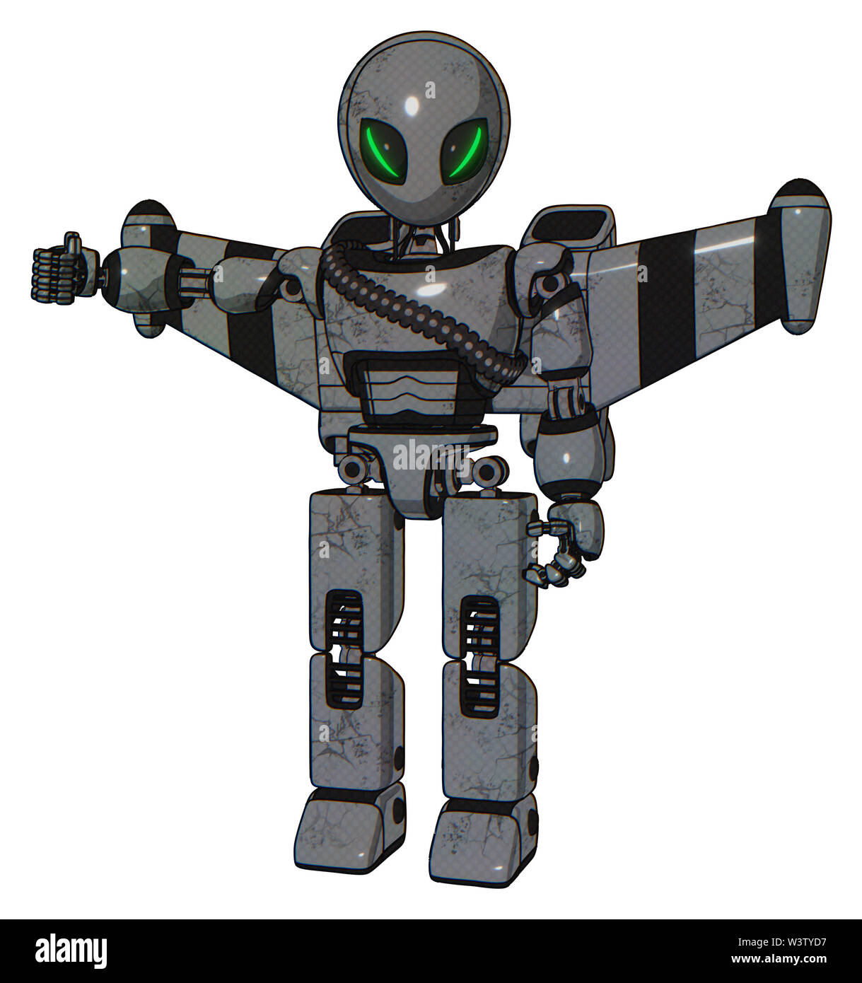 Droid containing elements: grey alien style head, green demon eyes ...