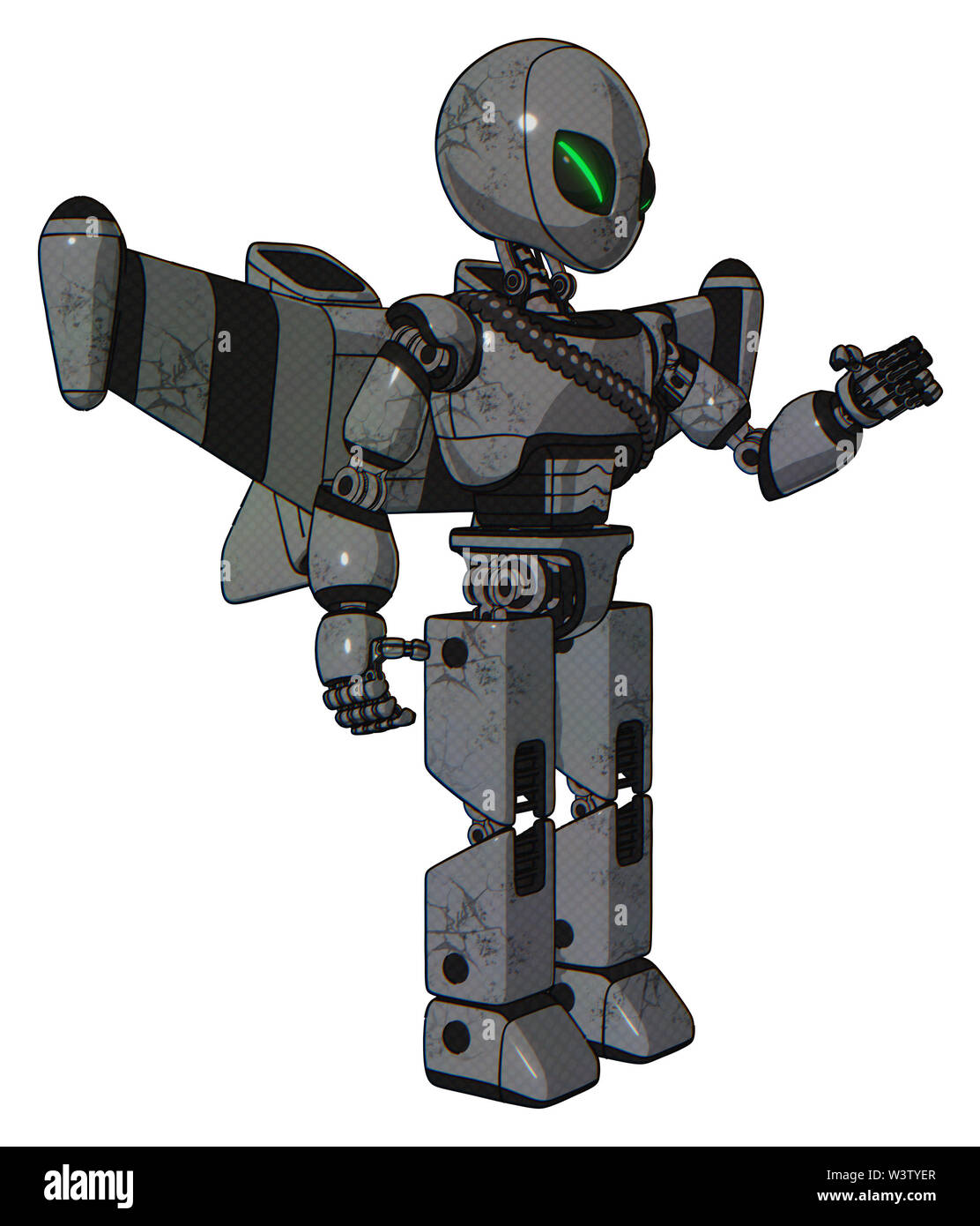 Droid containing elements: grey alien style head, green demon eyes ...