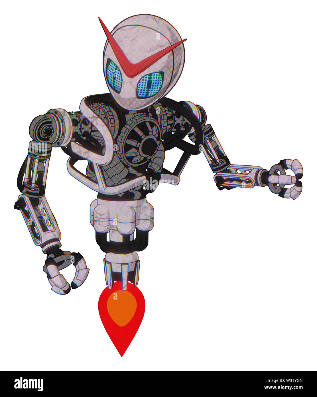Robot containing elements: grey alien style head, blue grate eyes ...