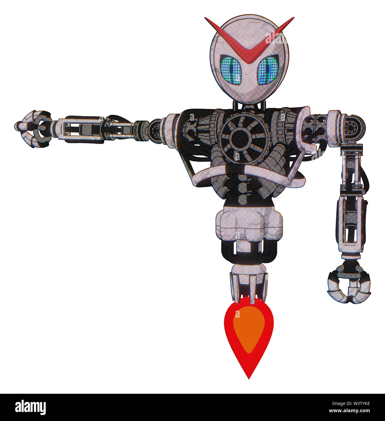Robot containing elements: grey alien style head, blue grate eyes ...