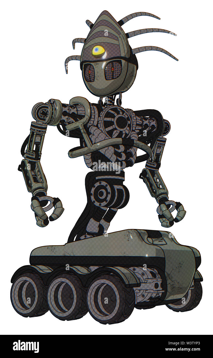 Mech containing elements: grey alien style head, metal grate eyes ...