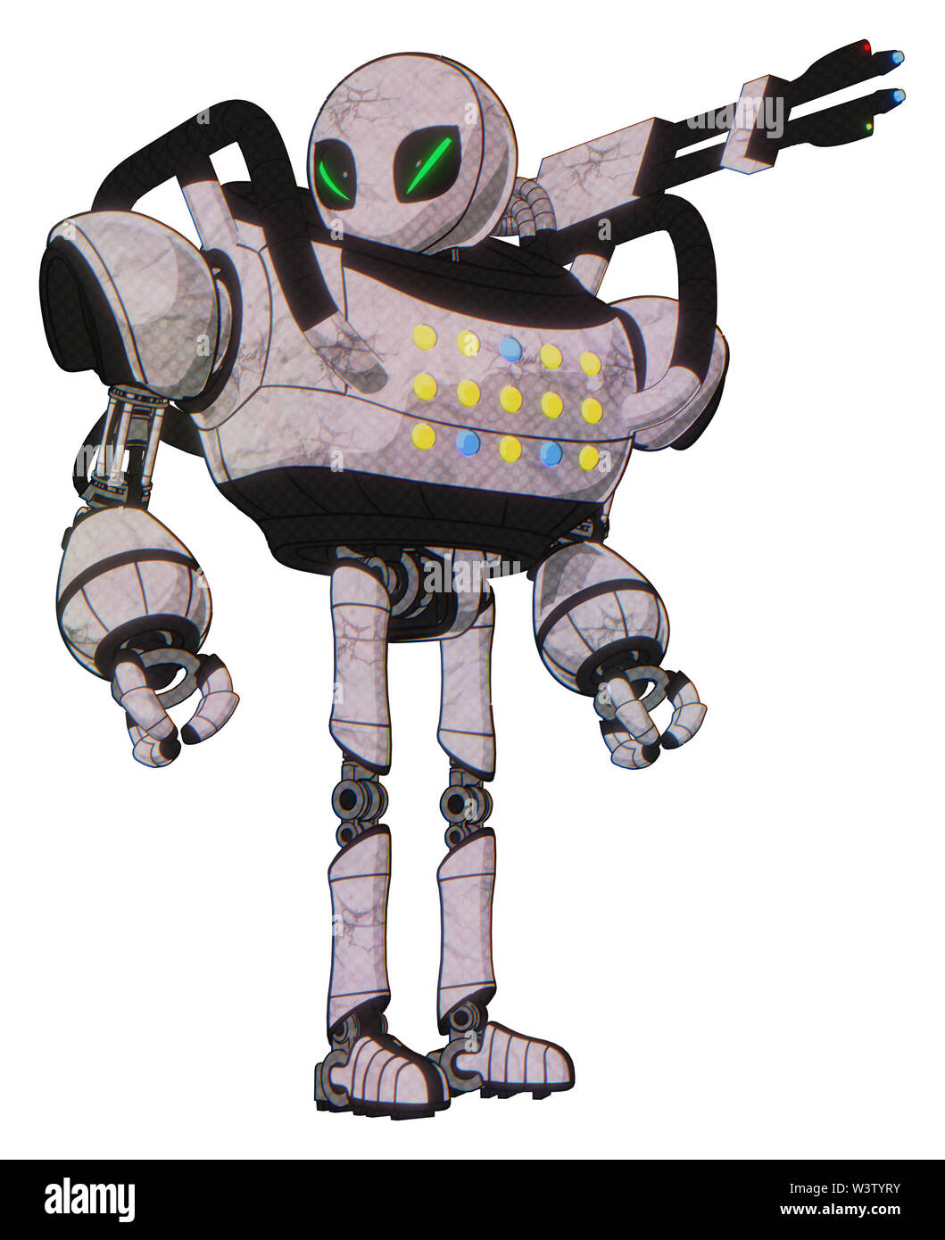 Droid containing elements: grey alien style head, green demon eyes ...