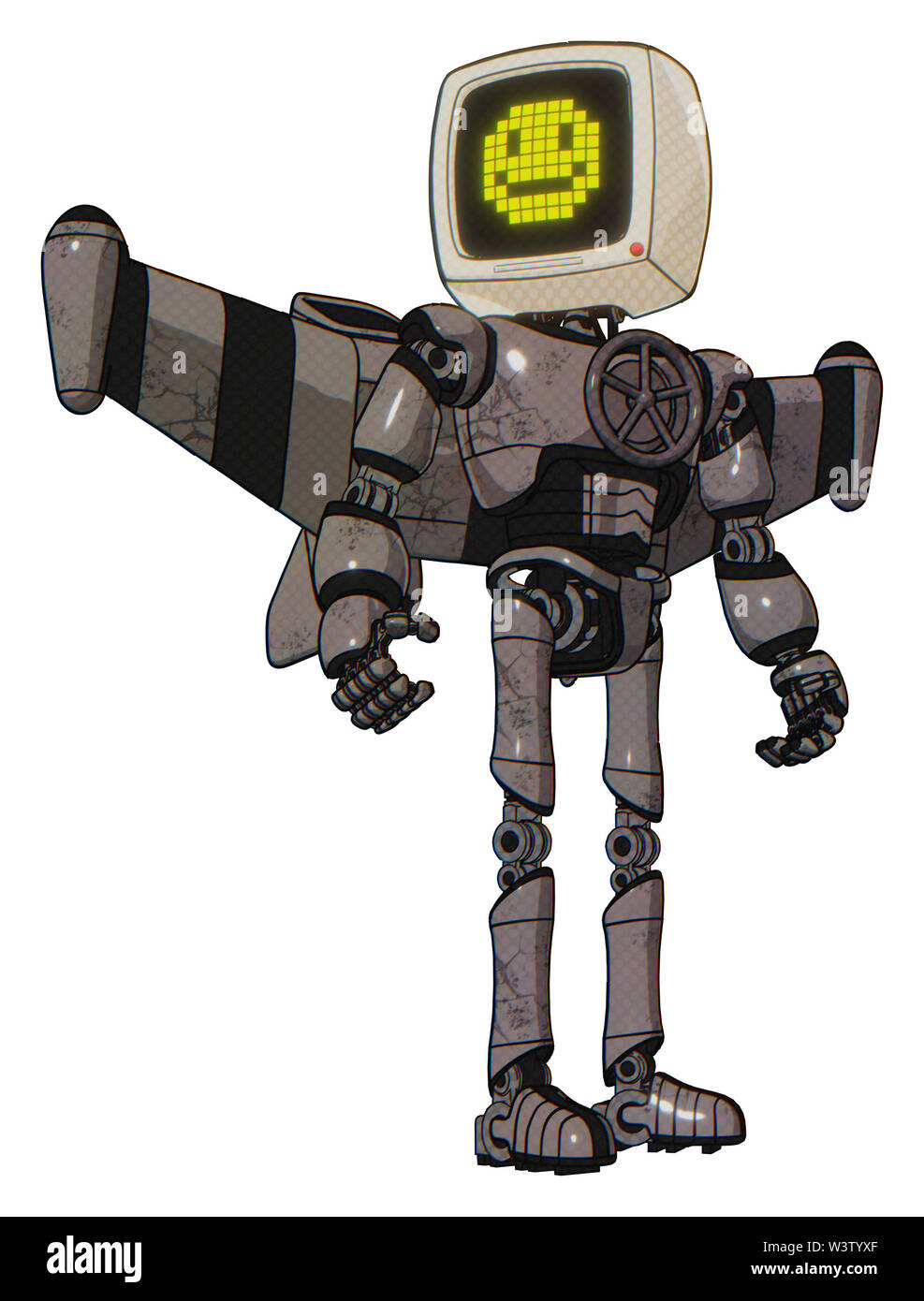 Robot containing elements: old computer monitor, pixel design of yellow ...