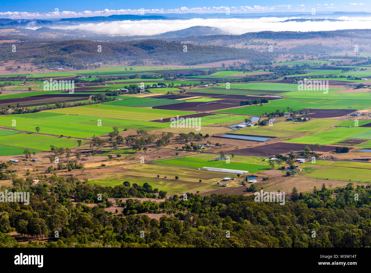 The Australian Countryside as seen from a lookout, showing farms and ...