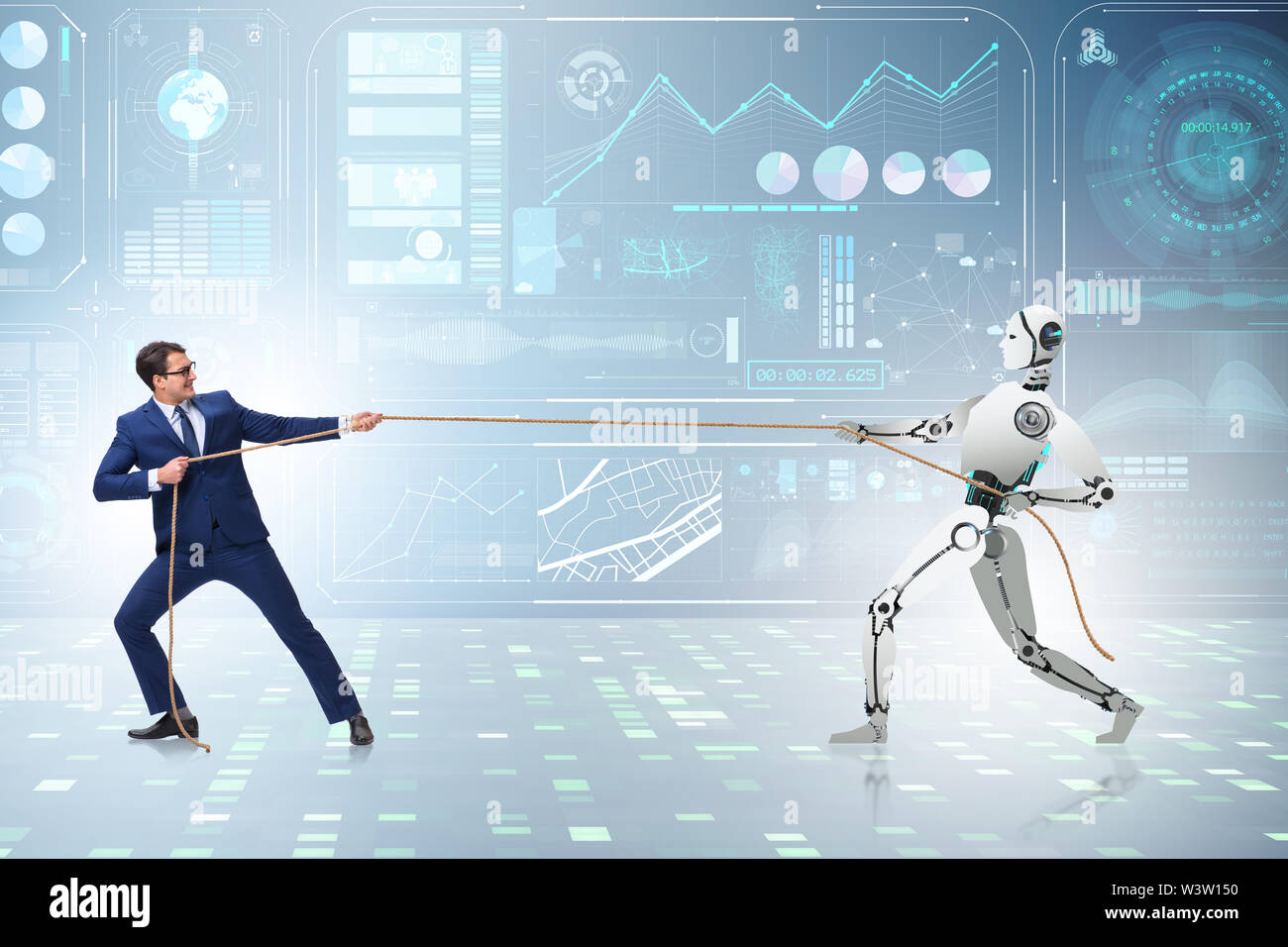 The competition between humans and robots in tug of war concept Stock ...