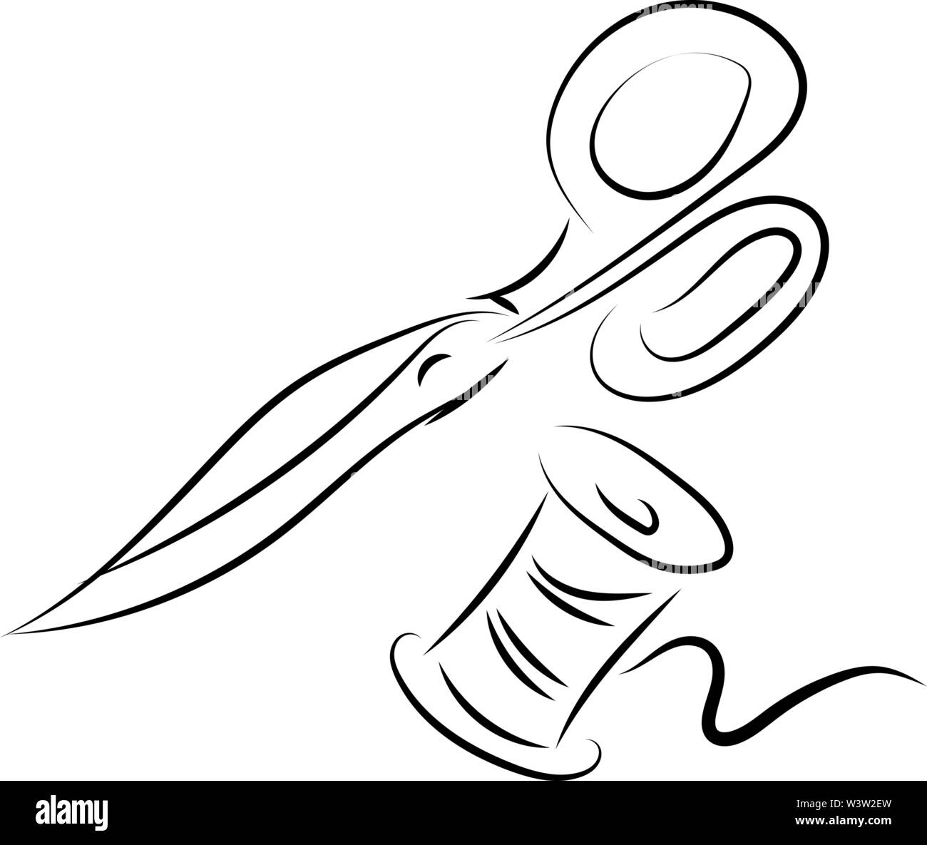 Thread and scissors drawing, illustration, vector on white background ...