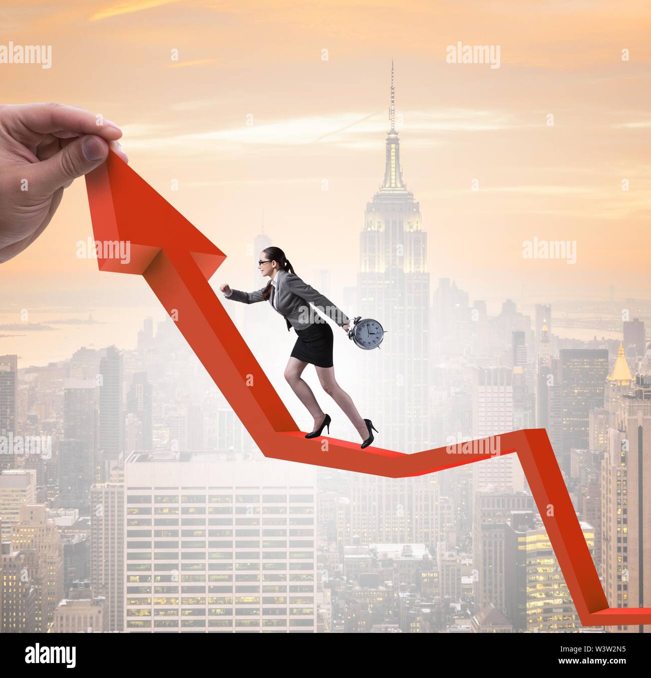 The businesswoman climbing line chart in economic recovery concept ...