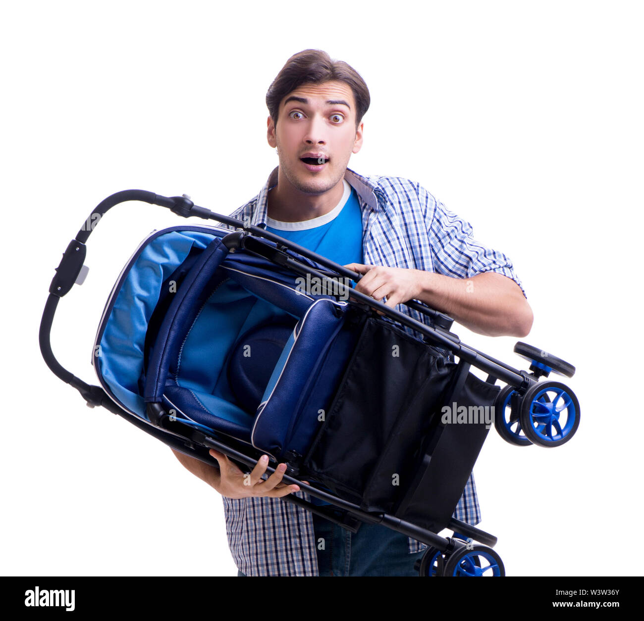 The young dad with baby pram isolated on white Stock Photo - Alamy