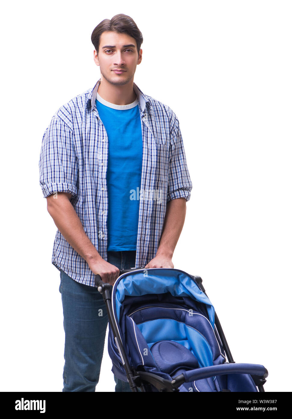 The young dad with child pram isolated on white Stock Photo - Alamy