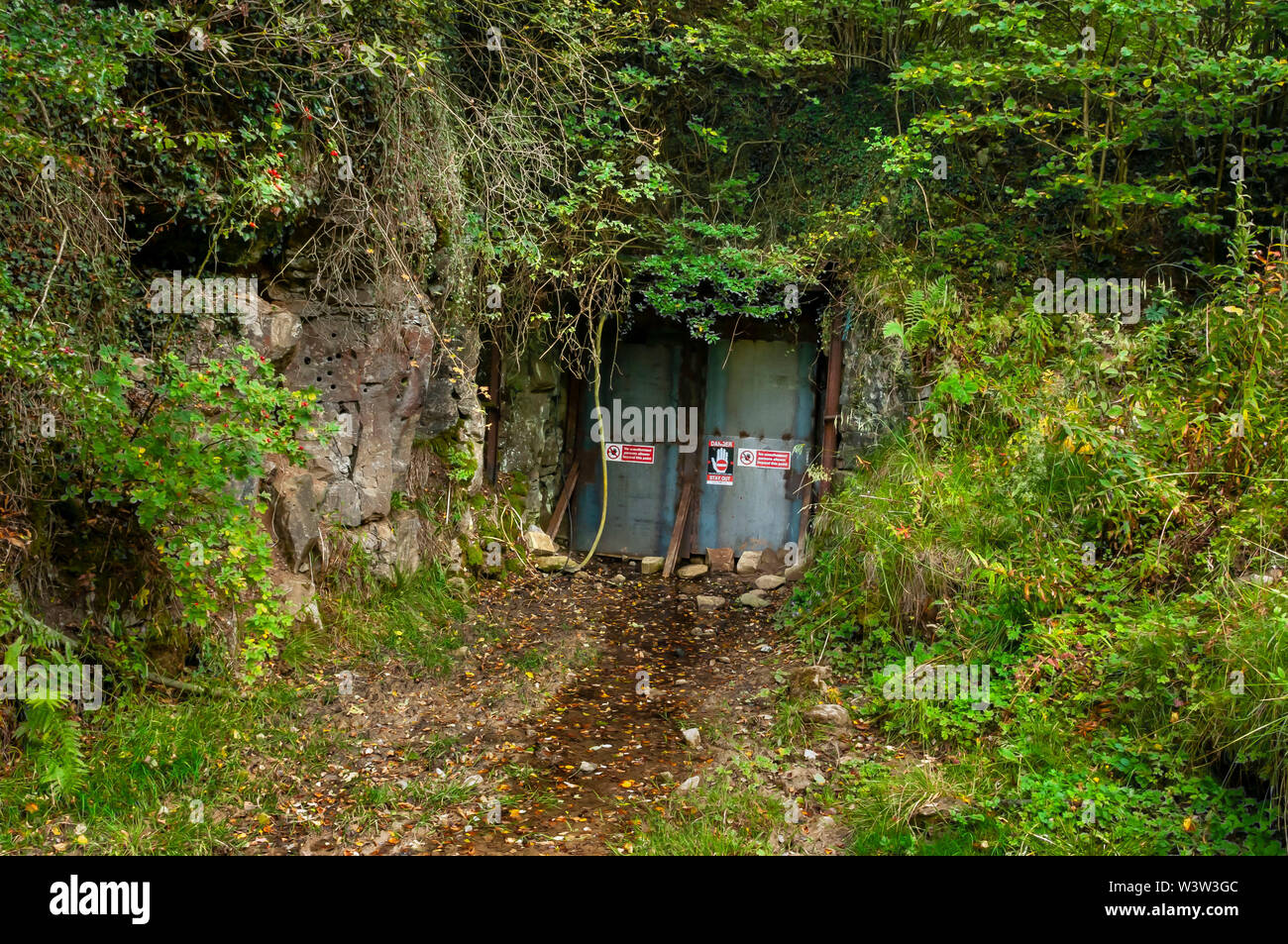 Sealed entrance to an old abandoned fluorite mine in the Peak District ...
