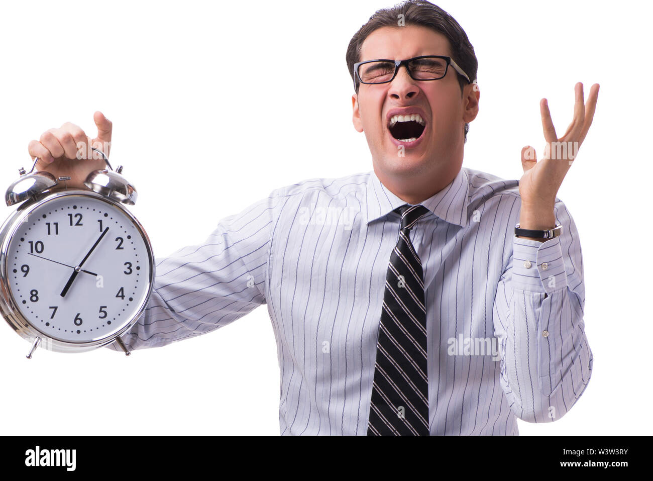 The young businessman in time management concept on white background ...