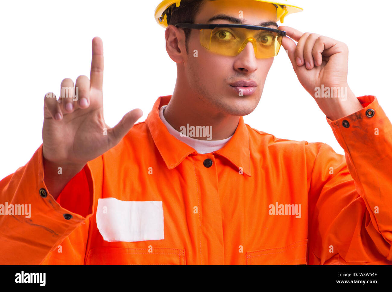 The construction worker wearing hard hat isolated on white Stock Photo ...
