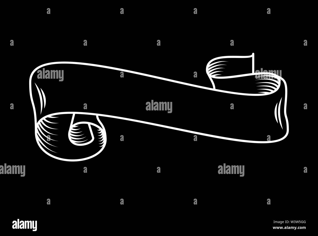 White ribbon on the black, hand drawn detailed vector scroll ribbon in ...