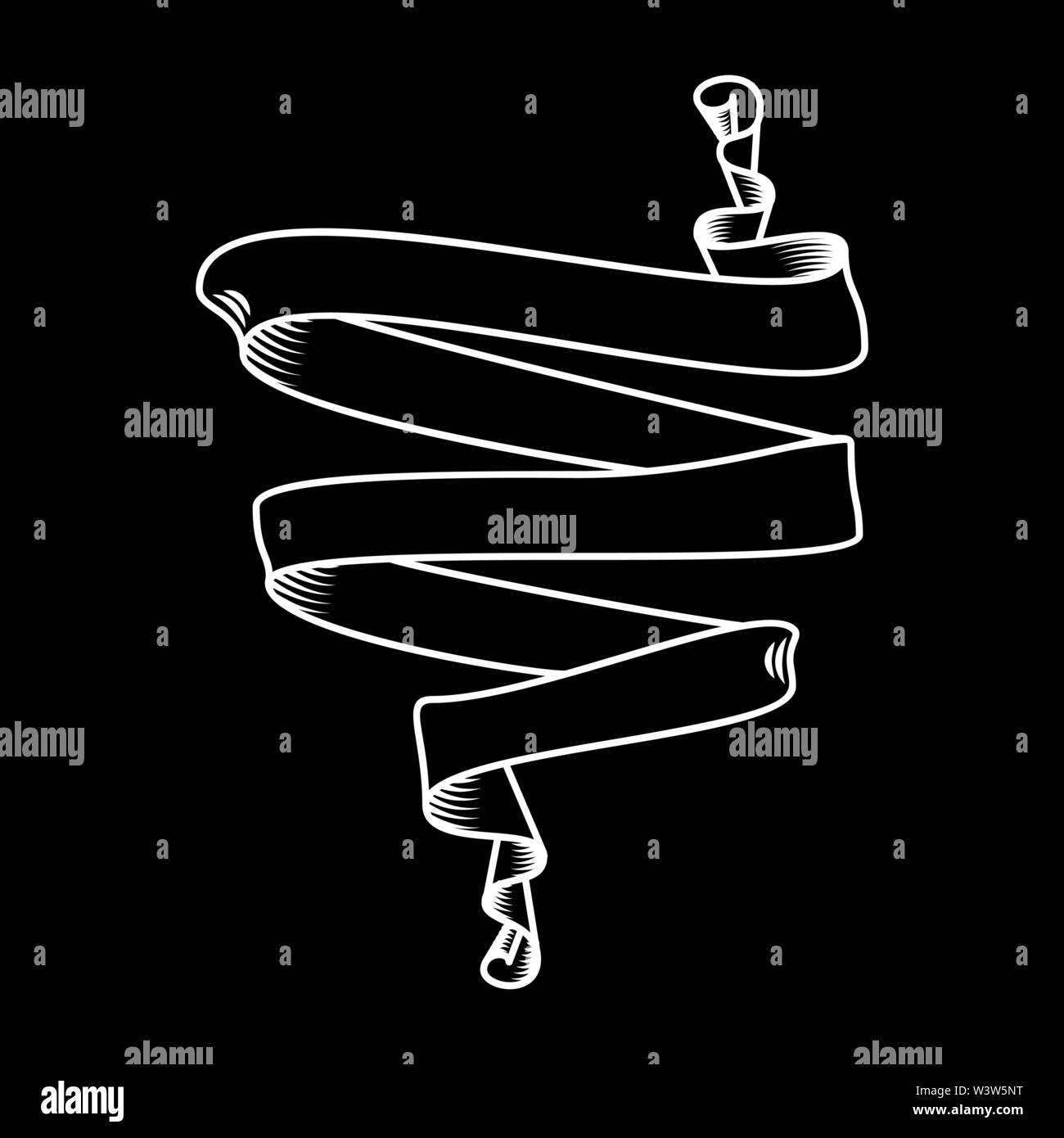 White ribbon on the black, hand drawn detailed vector scroll ribbon in ...