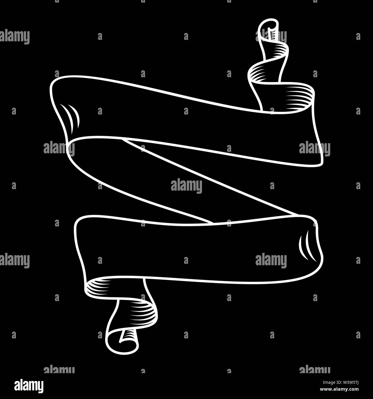 White ribbon on the black, hand drawn detailed vector scroll ribbon in ...