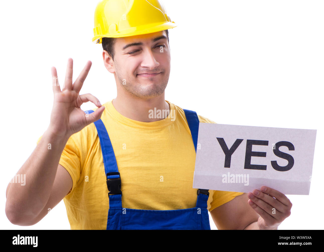 The worker responding positively yes isolated on white Stock Photo - Alamy