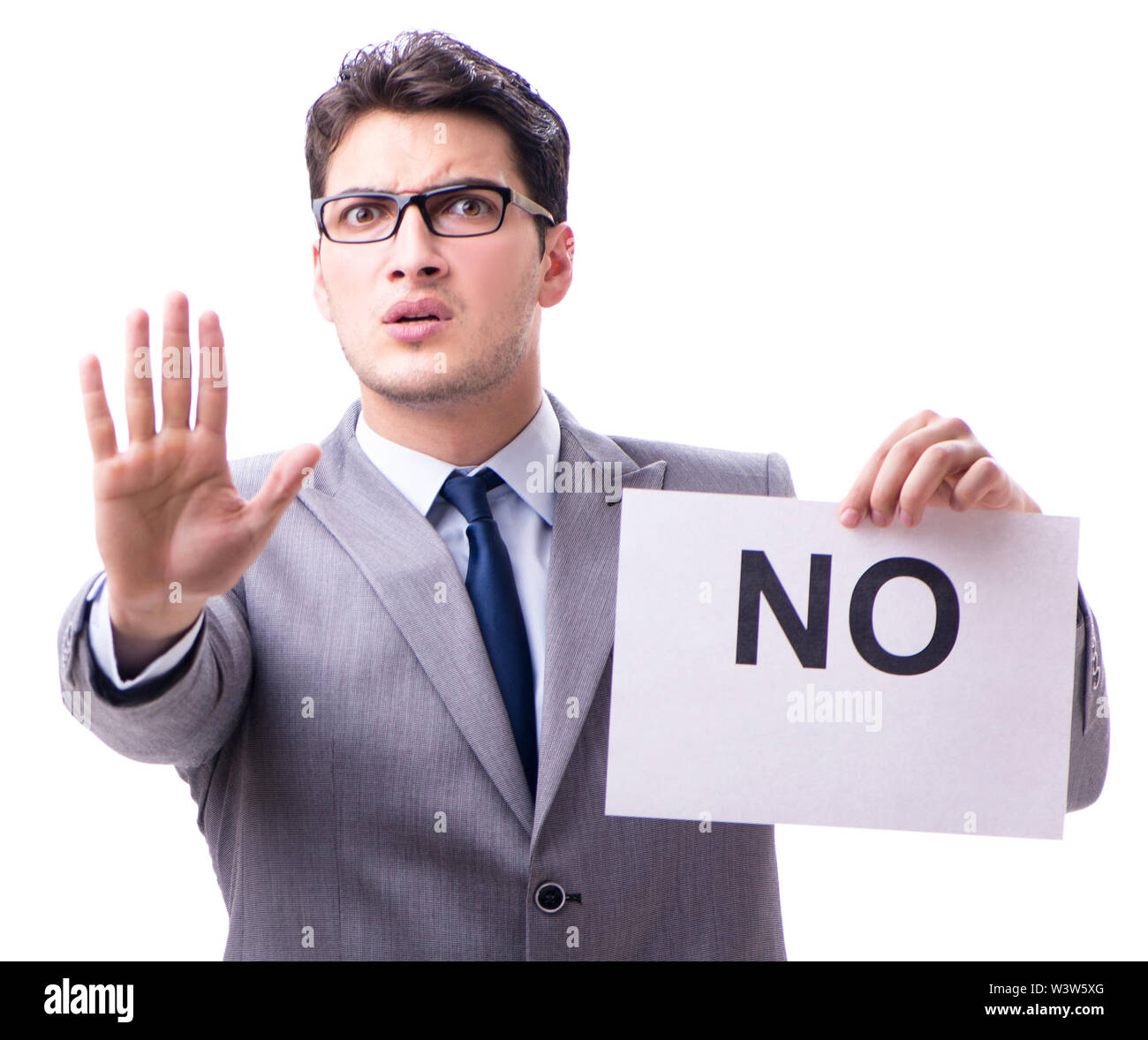 The businessman in negative no answer isolated on white background ...