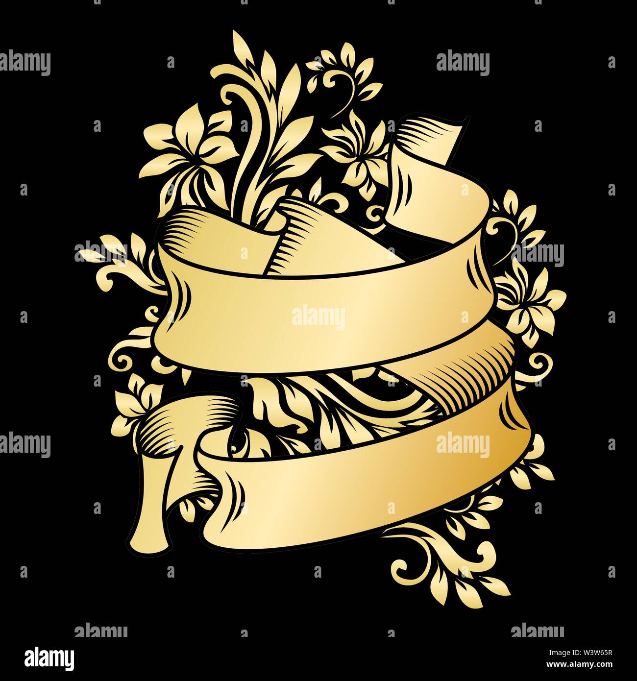 Gold vintage ribbon banner with leaves and flowers, drawing in ...