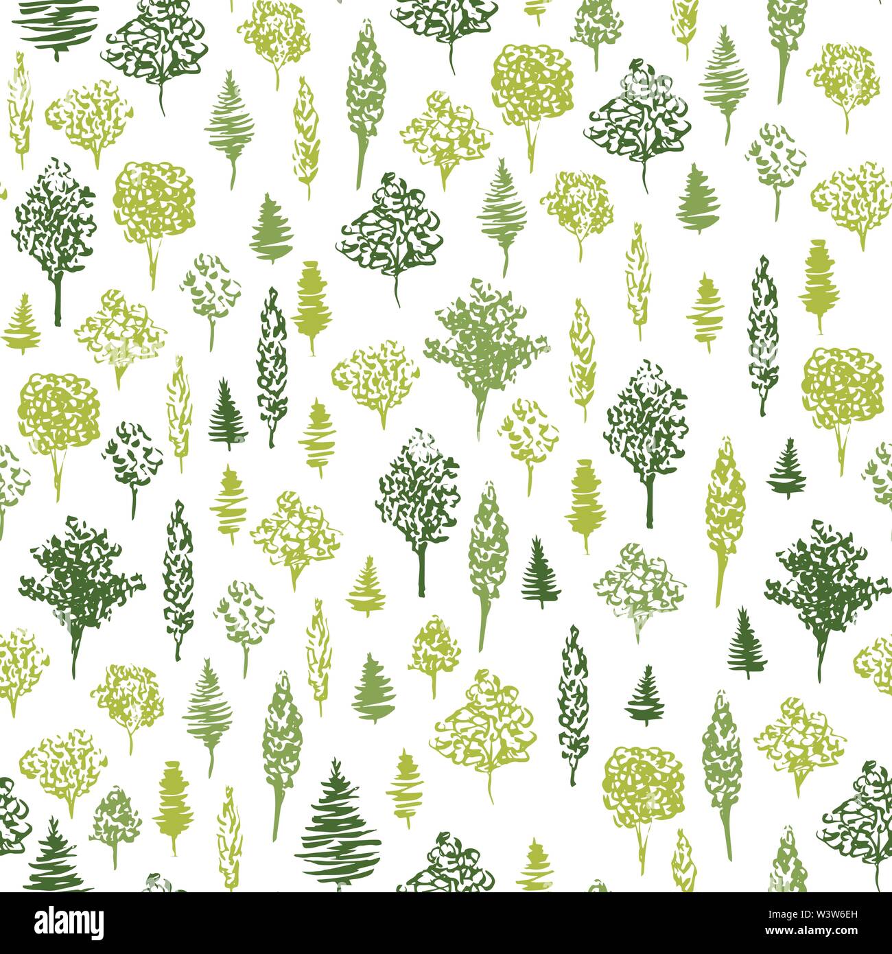 Green tree pattern seamless for fabric design. Pattern of hand drawn ...