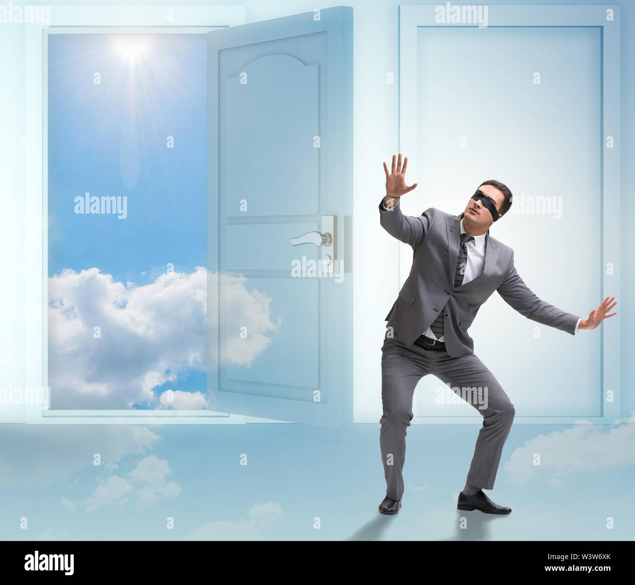 The confused businessman in front of doors Stock Photo - Alamy