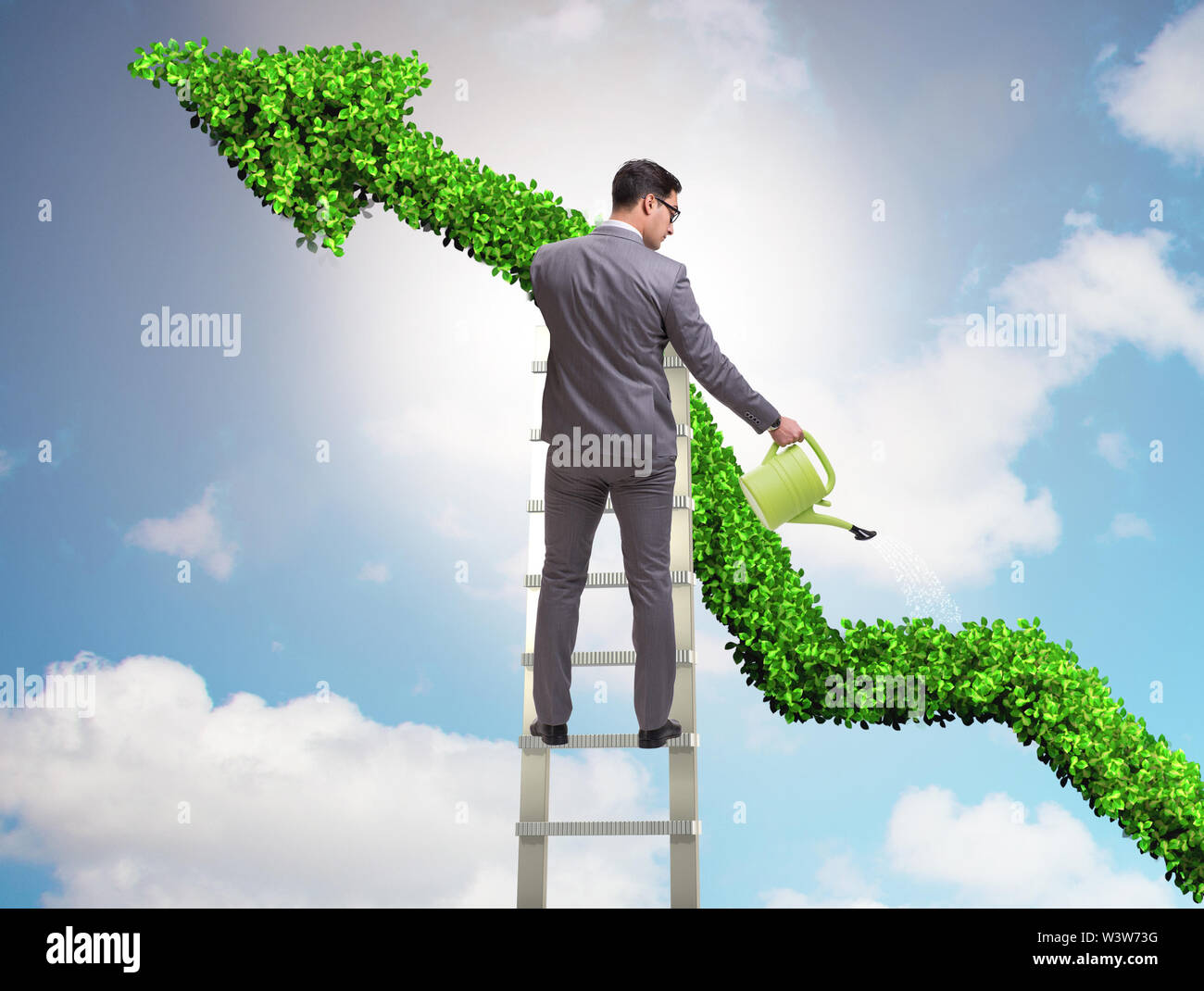 The businessman in investment concept watering financial line chart ...