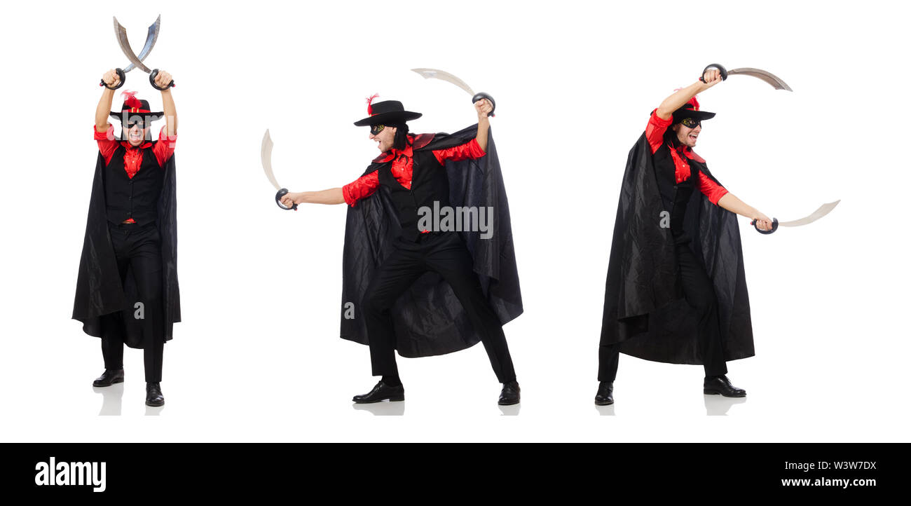 The young man in carnival coat with sword isolated on white Stock Photo ...