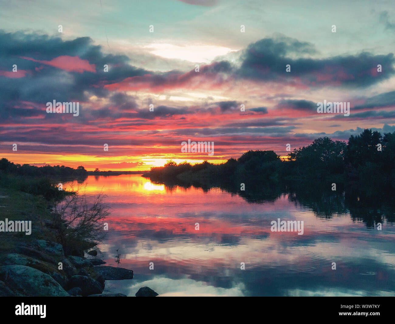 Tajo river tablets at sunset. Landscape of a river photographed at the ...