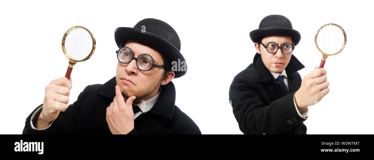 The detective with magnifying glass isolated on white Stock Photo - Alamy