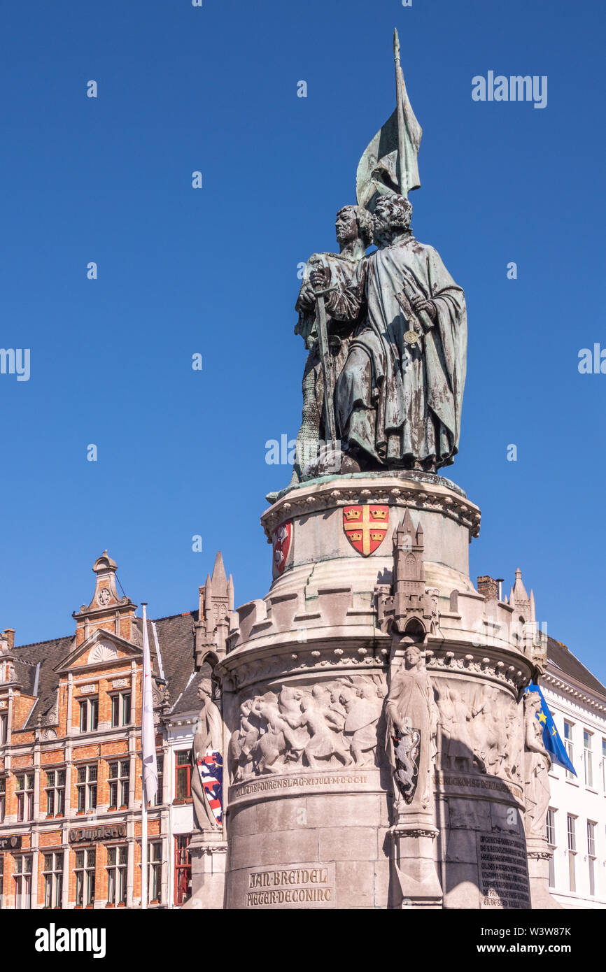 Bruges, Flanders, Belgium - June 17, 2019: Green bronze statue of Jan ...