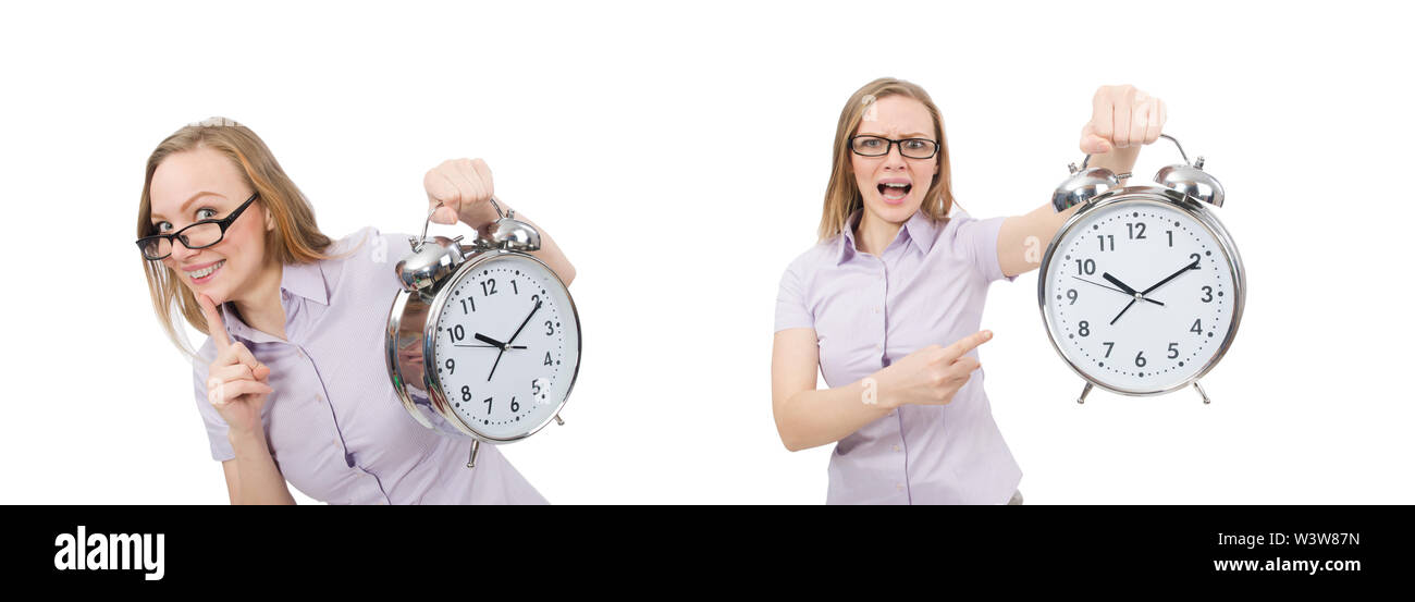 The young employee holding alarm clock isolated on white Stock Photo ...