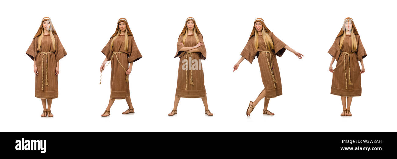 The woman wearing medieval arab clothing on white Stock Photo - Alamy