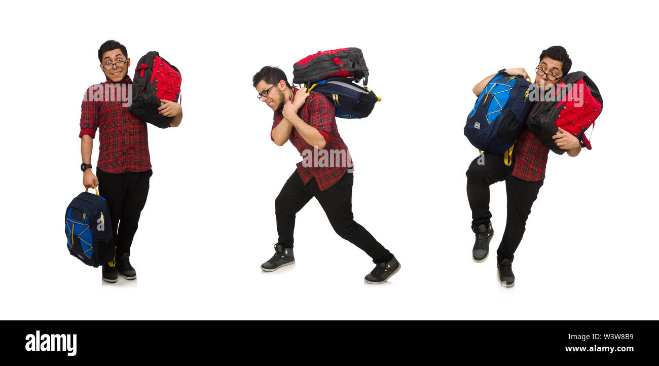 The young man with bags isolated on white Stock Photo - Alamy