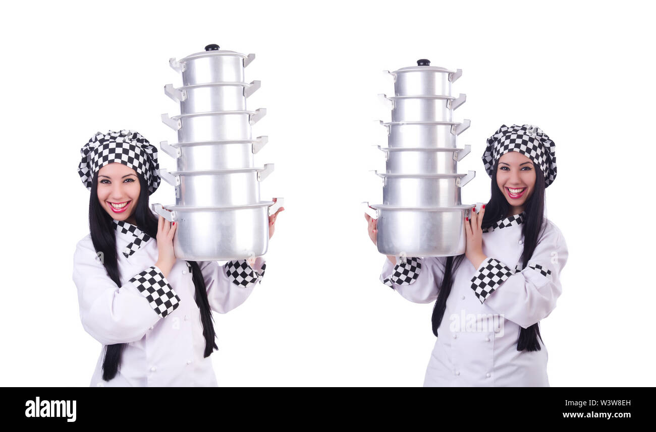 The cook with stack of pots on white Stock Photo - Alamy