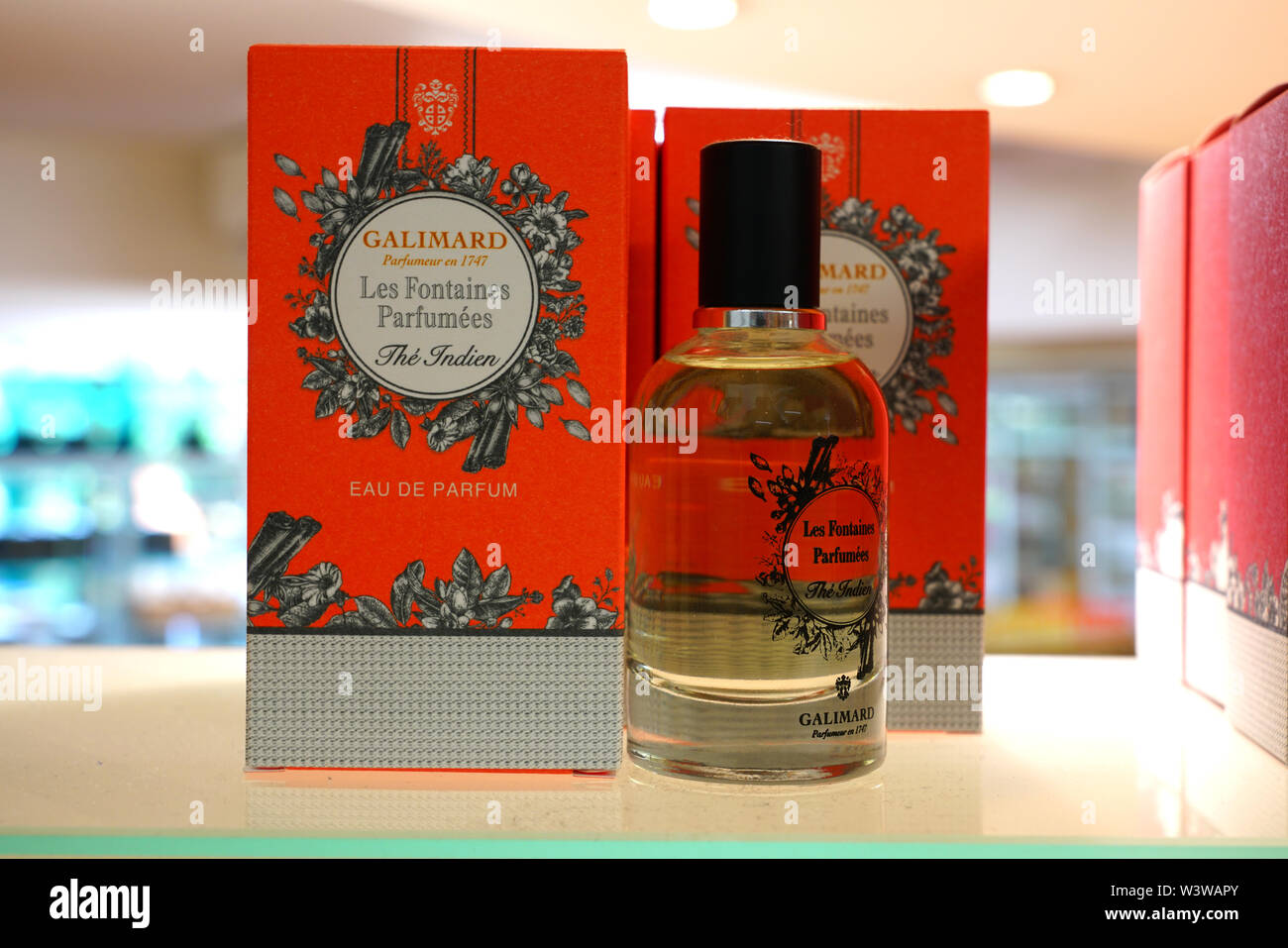 GRASSE, FRANCE -21 APR 2018- View of bottles of perfume for sale in the ...