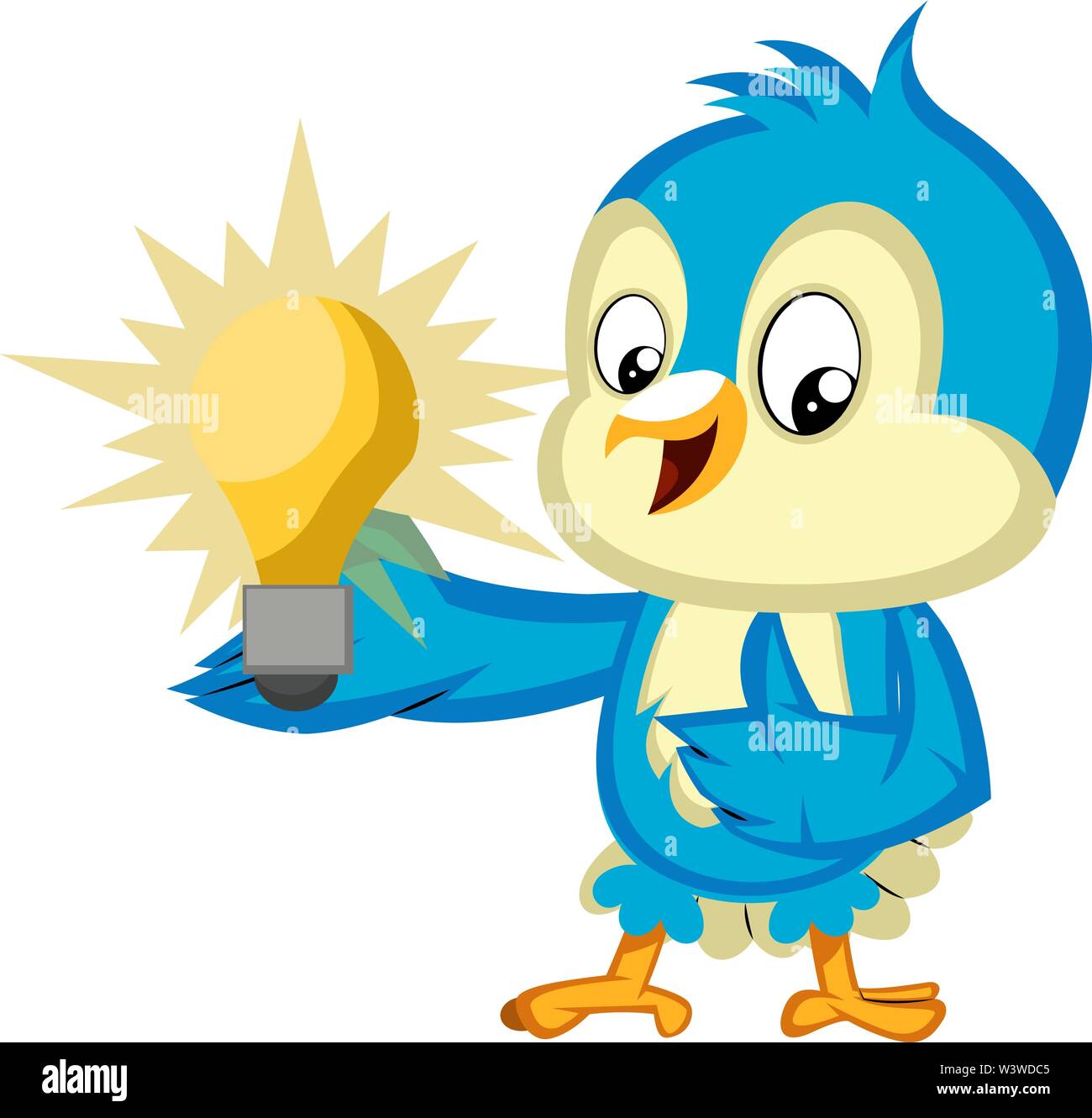 Blue bird is holding a light bulb, illustration, vector on white ...
