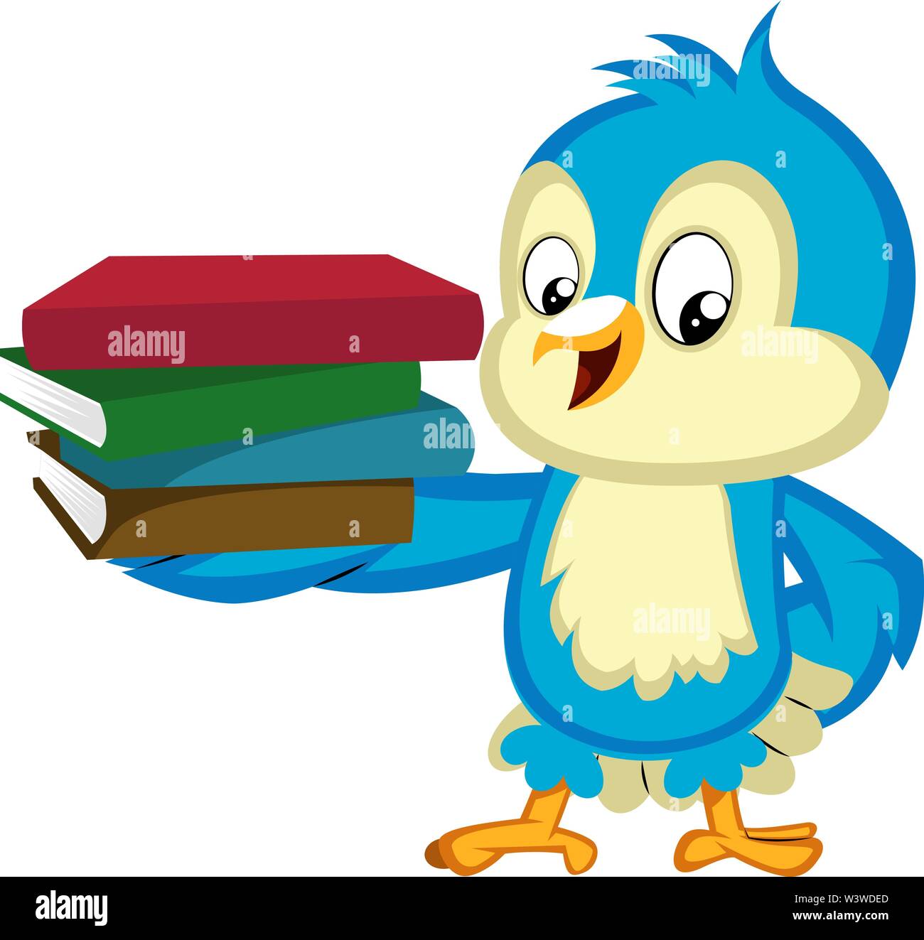 Blue bird is holding a pile of books, illustration, vector on white ...