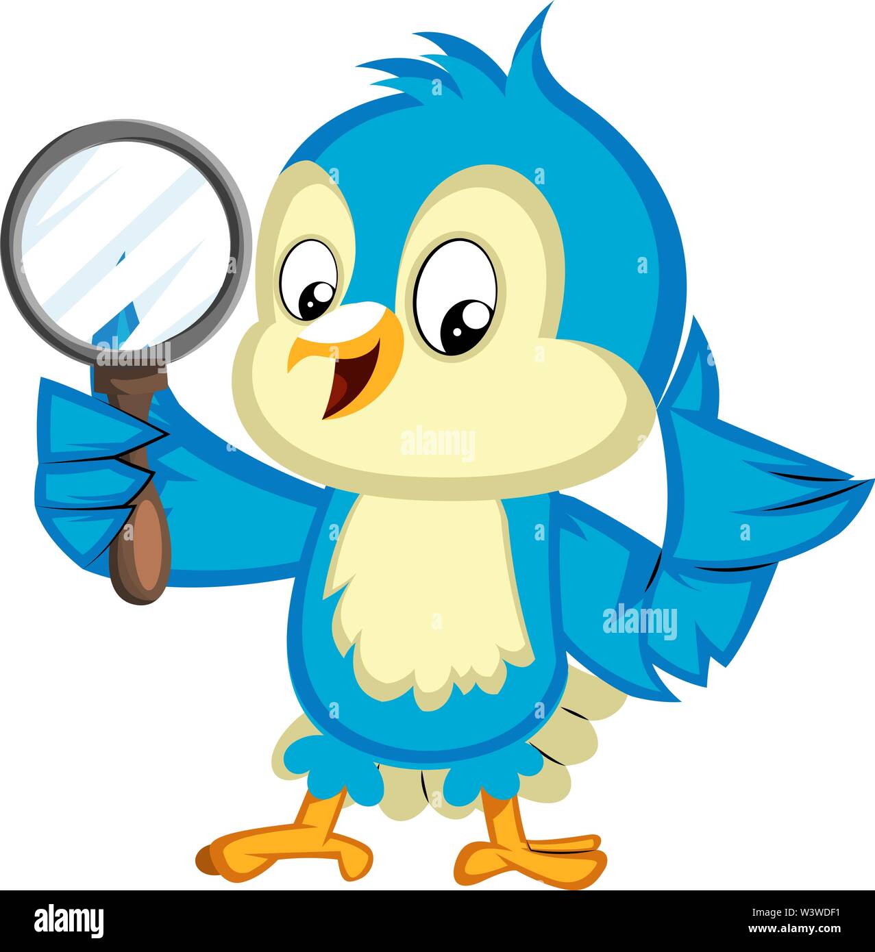 Blue bird is holding a magnifying glass, illustration, vector on white ...