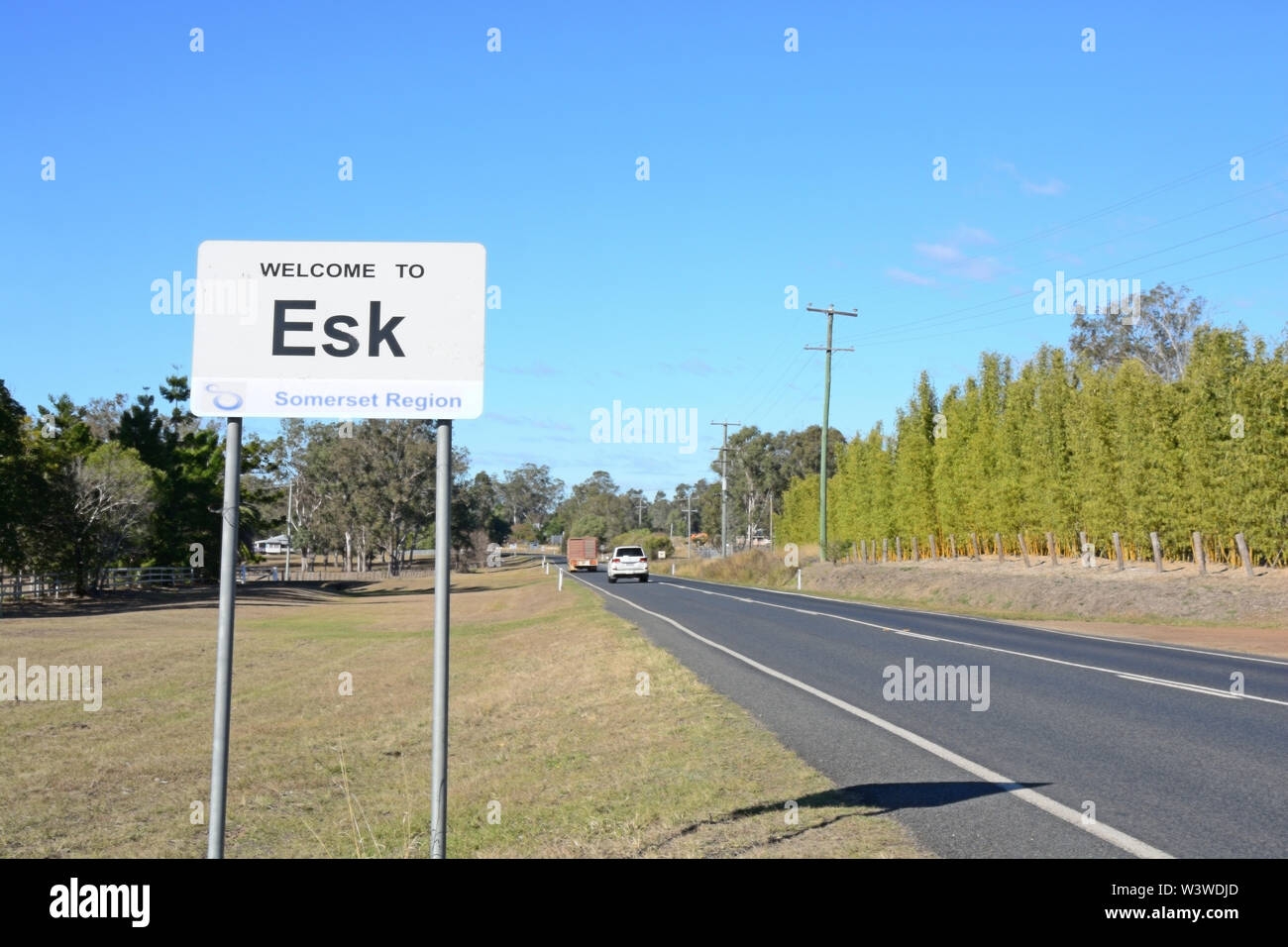Town sign for small town of Esk in south east Queensland Australia ...