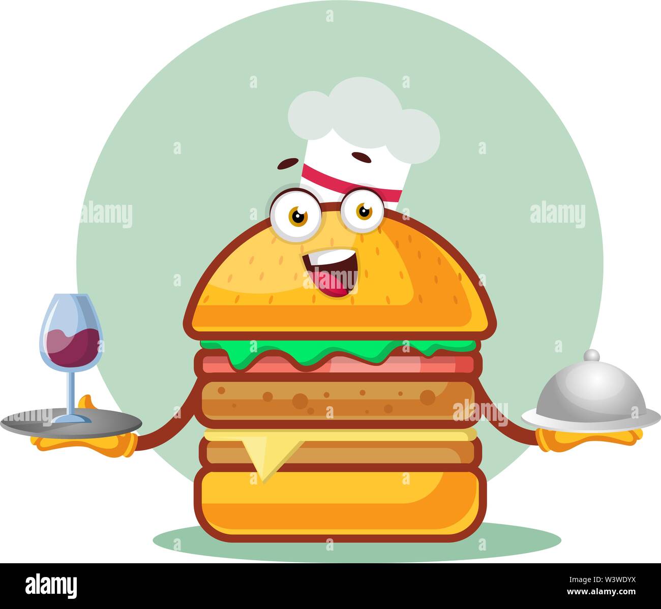 Chef burger is holding a meal and wine glass, illustration, vector on ...